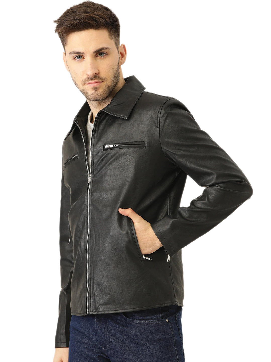 Leather Retail Men's Solid Biker Jacket
