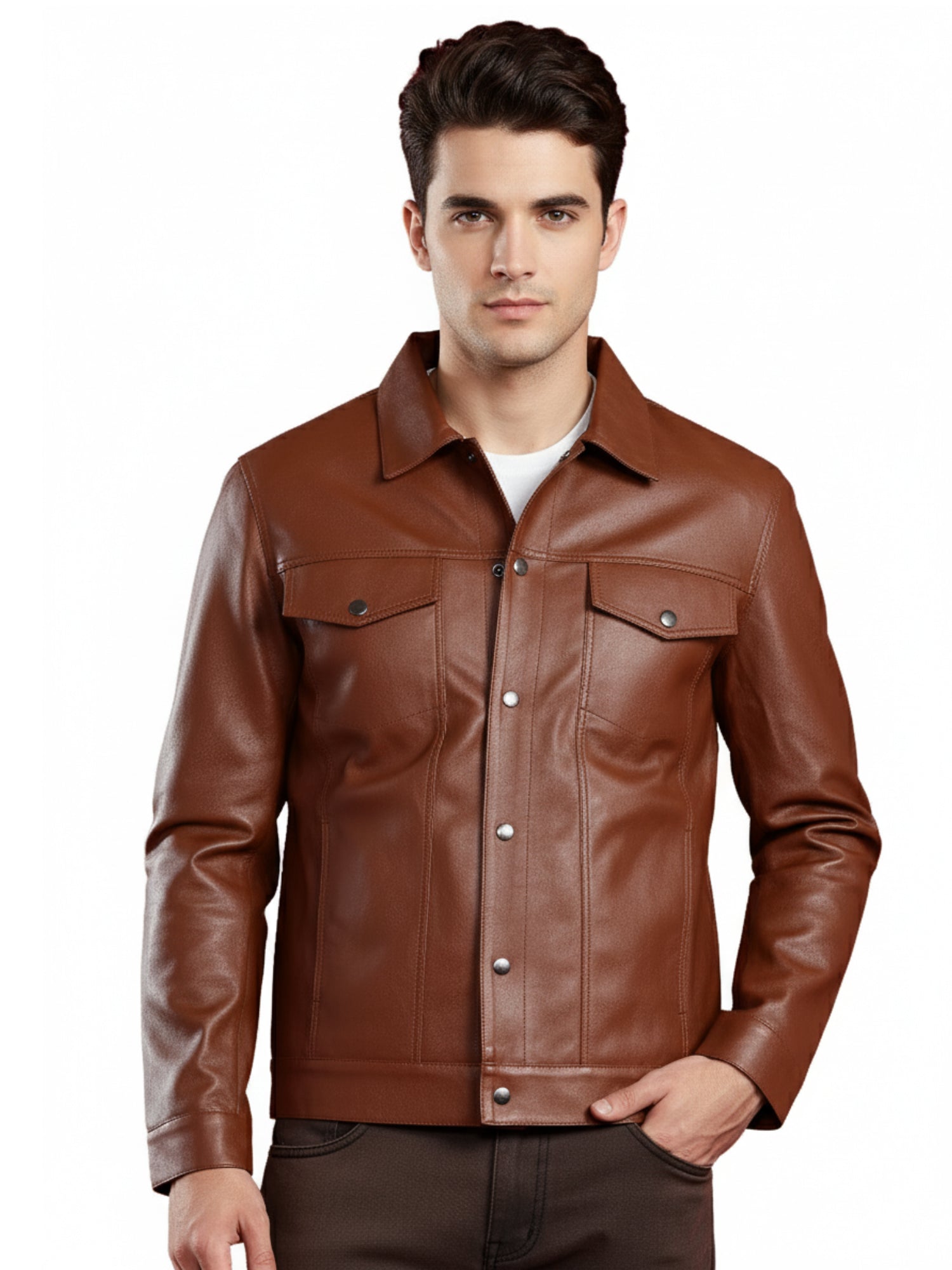 Leather Retail Brown Faux Leather Jacket for Men's with Snap Button Cl