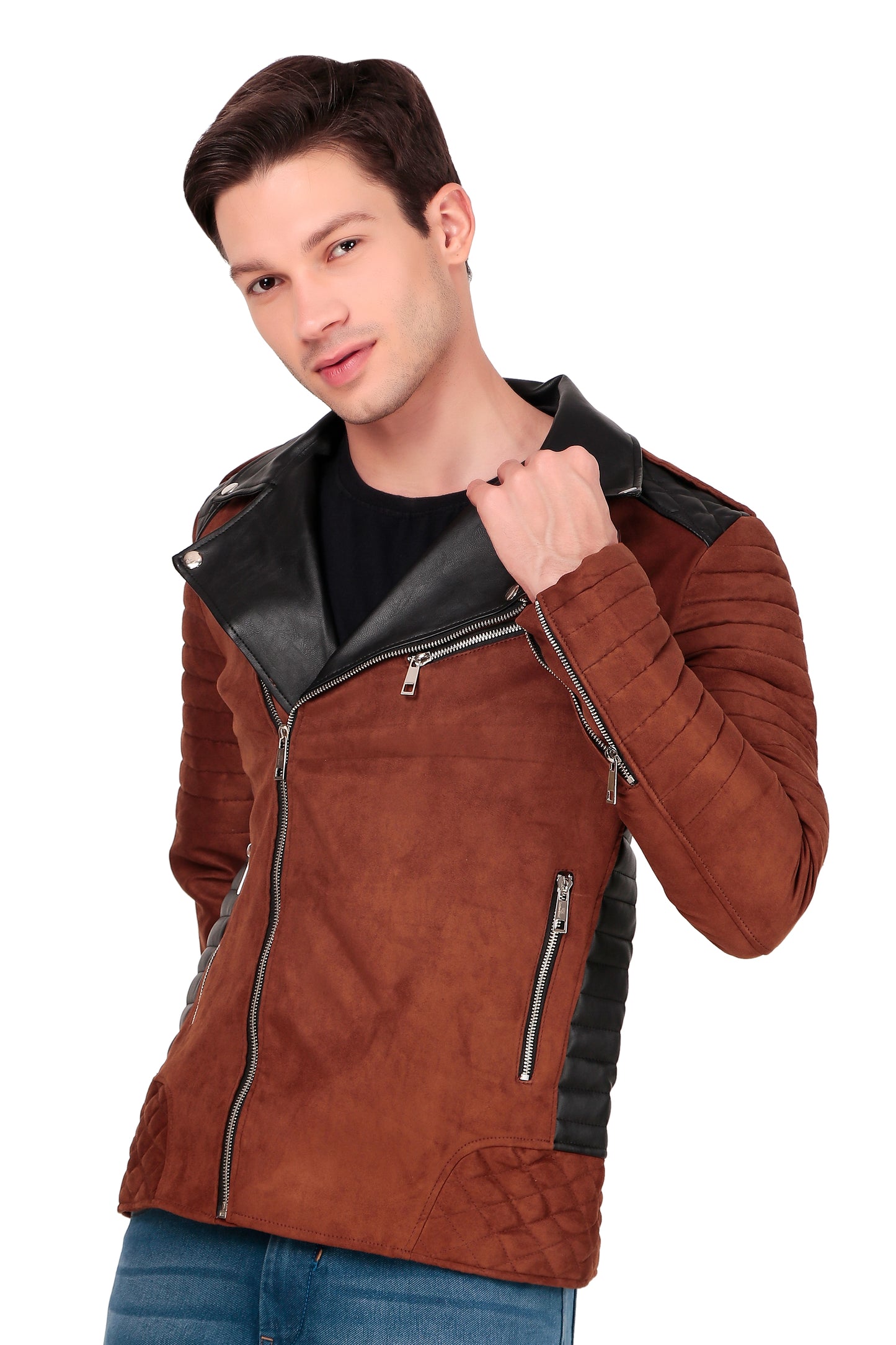 Leather Retail Men’s Casual Suede Leather Biker Jacket (Brown)