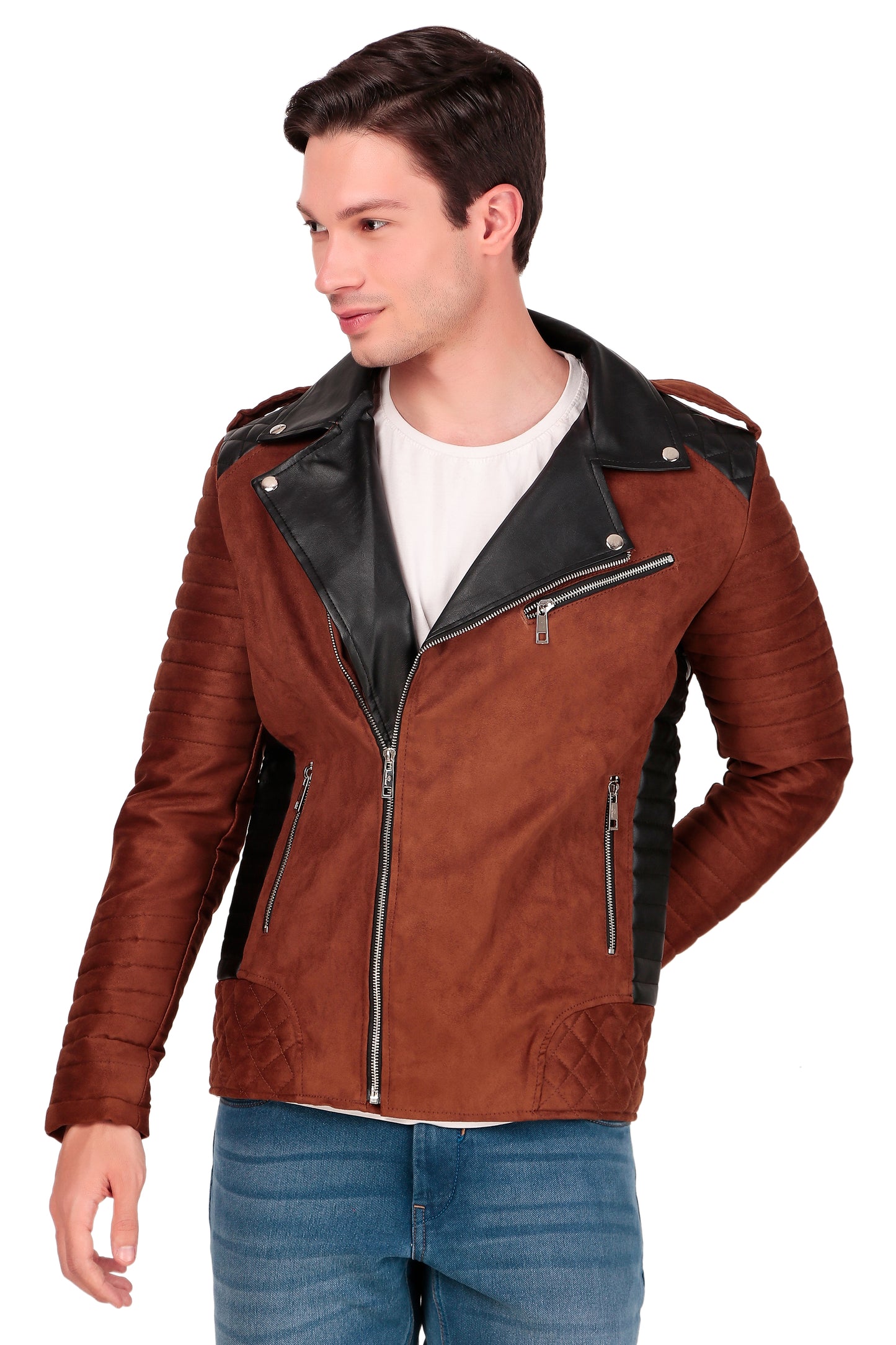 Leather Retail Men’s Casual Suede Leather Biker Jacket (Brown)